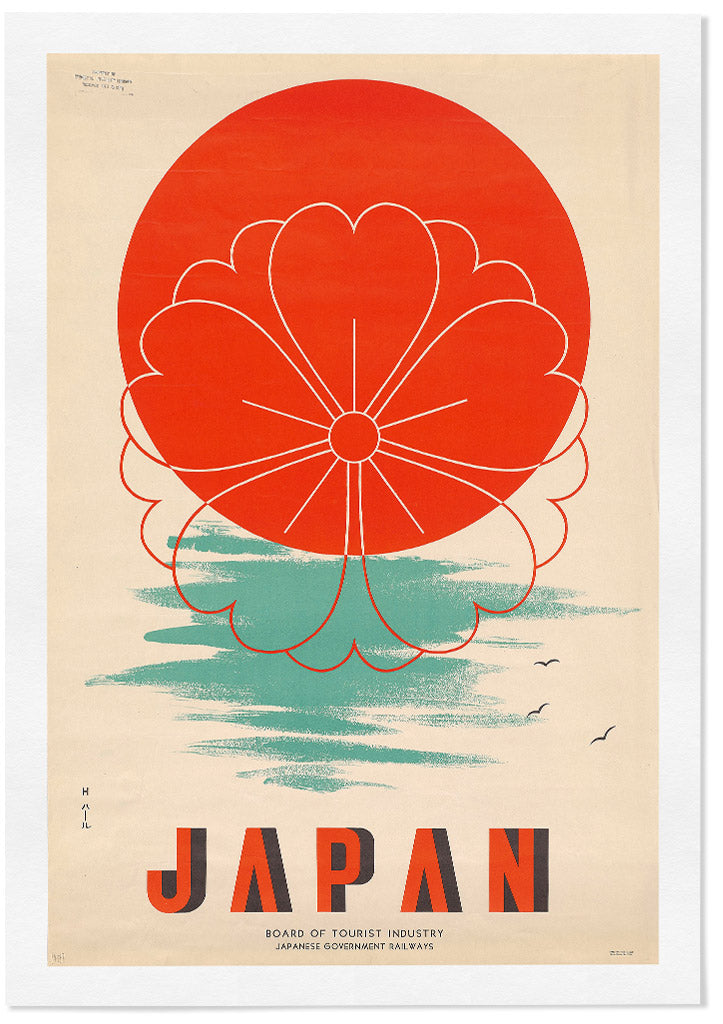 Vintage Japan Travel Poster | Red Sun, Flower and Sea – Posterist